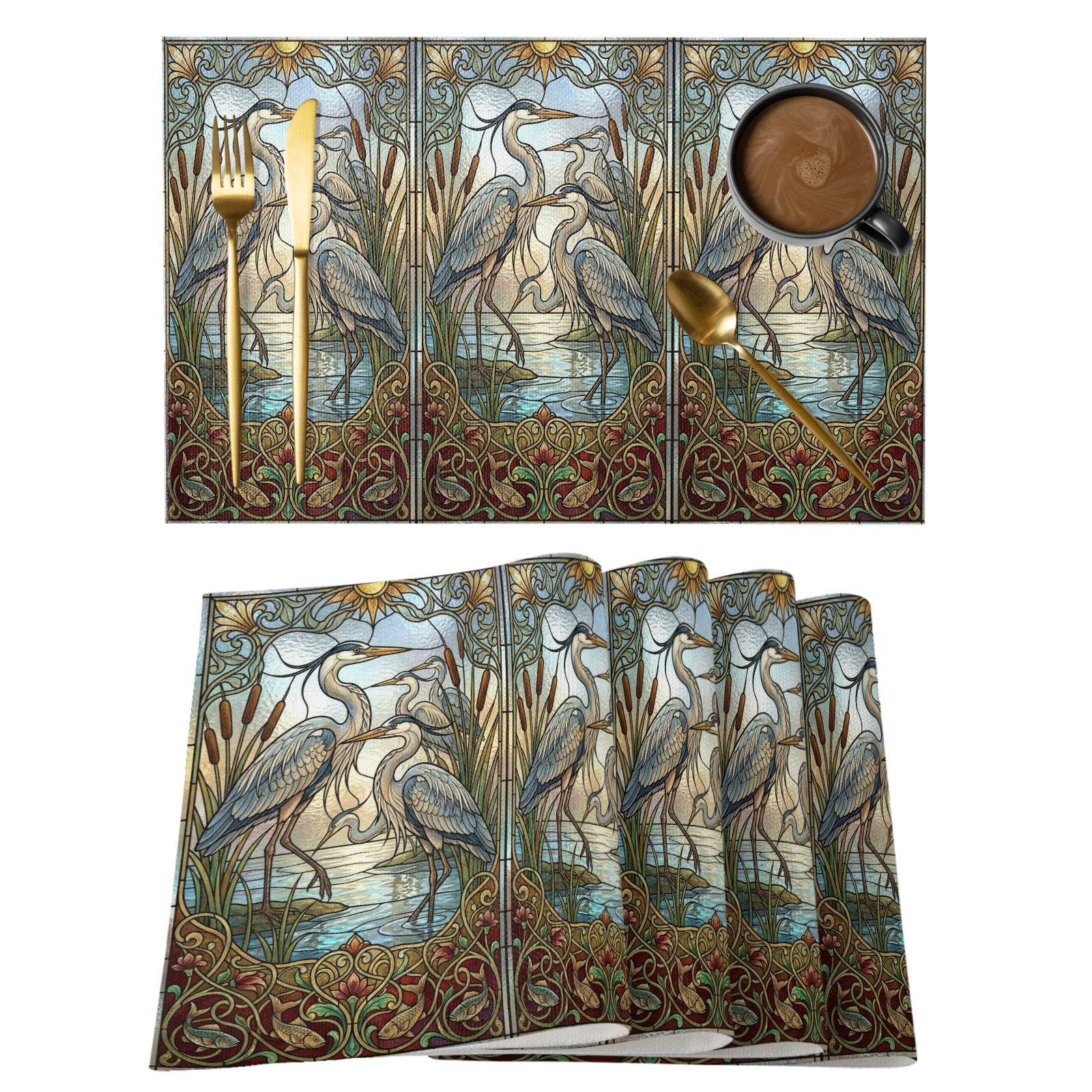 Blue Heron Cotton Linen Placemats Set of 2, Retro Reeds Sunlight Birds ...