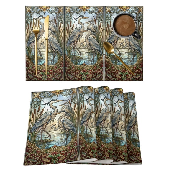 Blue Heron Cotton Linen Placemats Set of 2, Retro Reeds Sunlight Birds ...