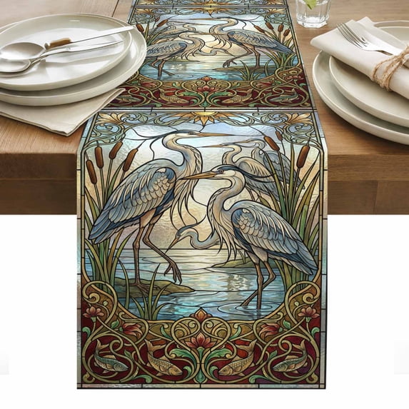 Blue Heron Cotton Linen Table Runner Retro Reeds Sunlight Birds Stained ...