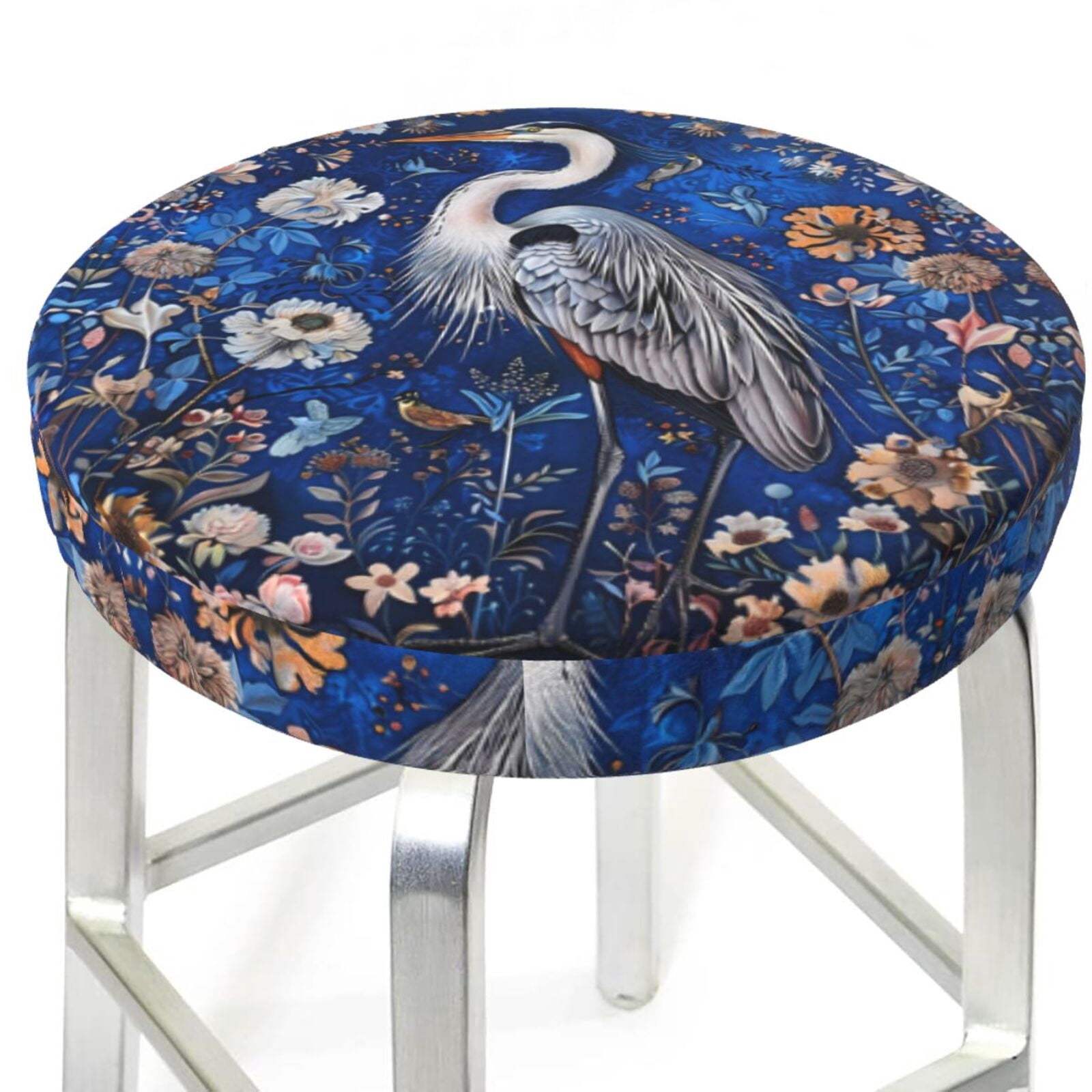 Blue Heron Floral Garden Bar Stool Covers - Stretch Round Seat Covers ...