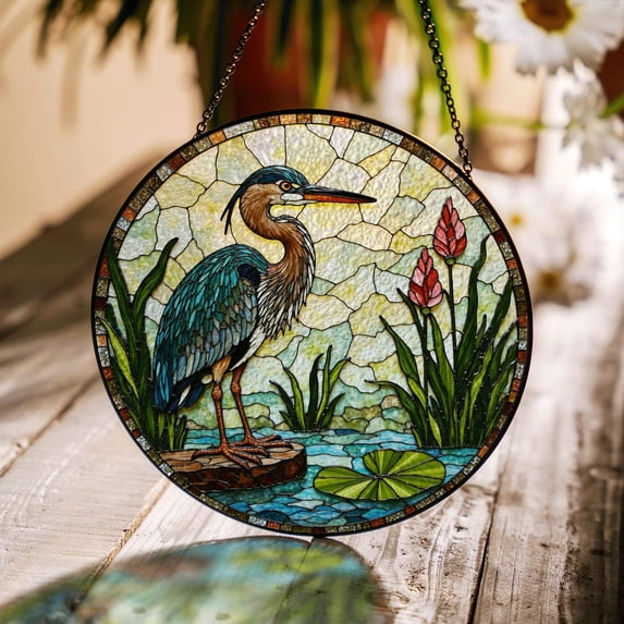 Blue Heron Glass Suncatcher, Nature Bird Decor Spring Garden, 6.3 in ...