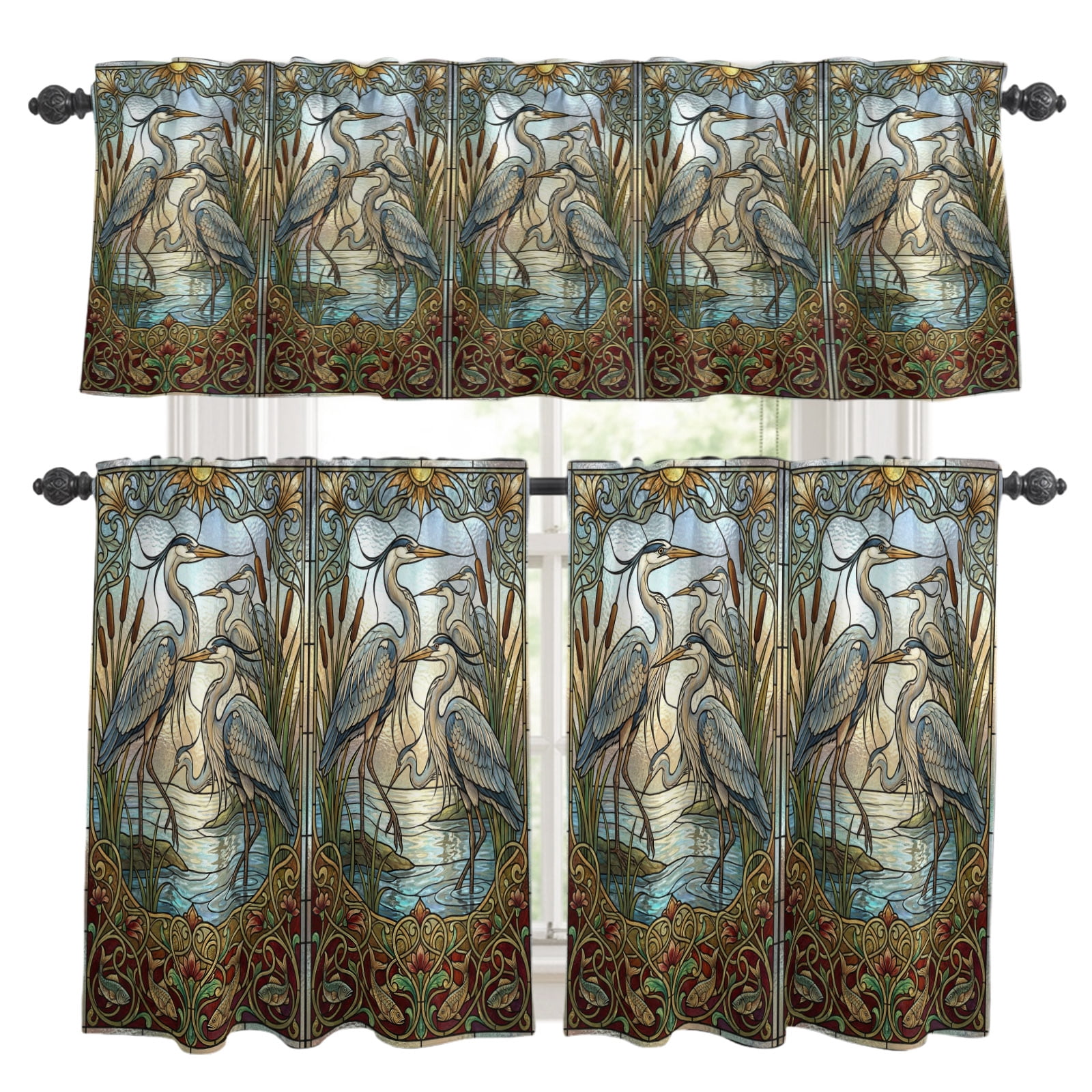 Blue Heron Kitchen Curtains Set for Windows, Retro Reeds Sunlight Birds ...