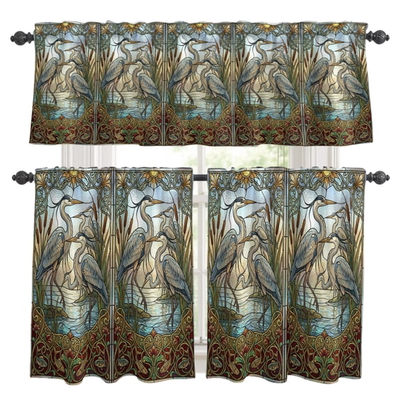 Blue Heron Kitchen Curtains Set for Windows, Retro Reeds Sunlight Birds ...