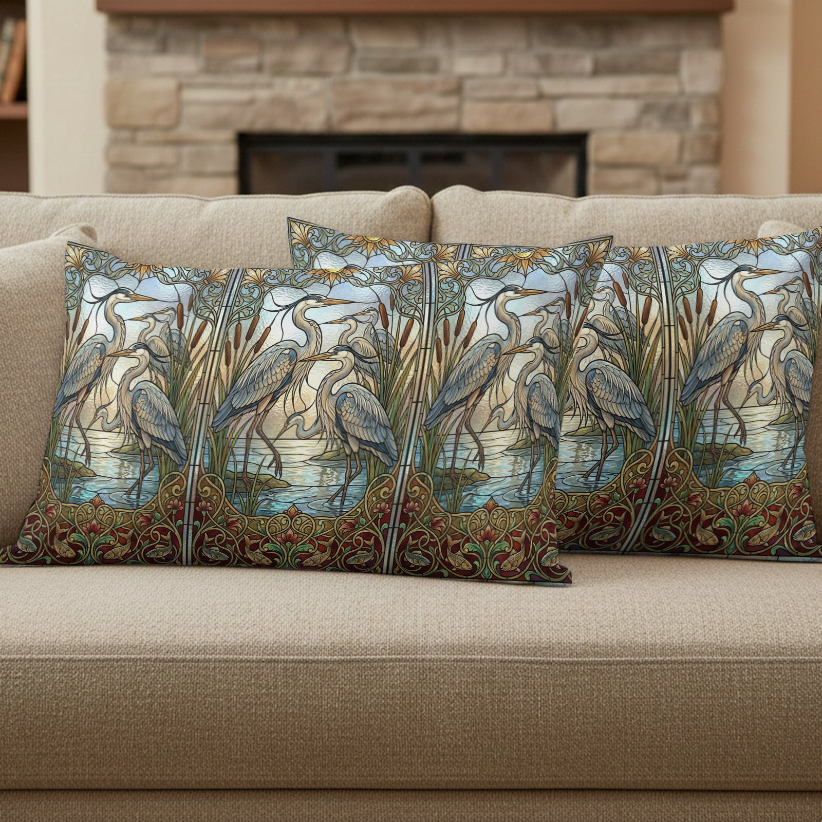 Blue Heron Pillow Covers Set of 2, Retro Reeds Sunlight Birds Stained ...