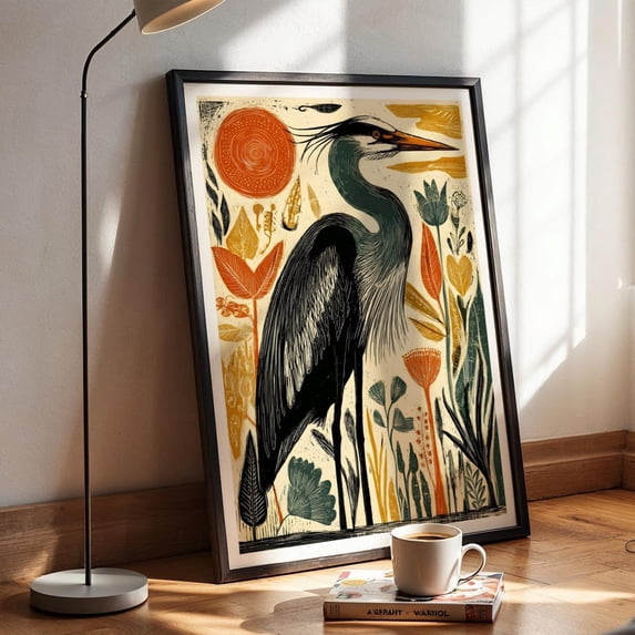 Blue Heron Print, Wetland Linocut Poster, Woodblock Bird Wall Art ...