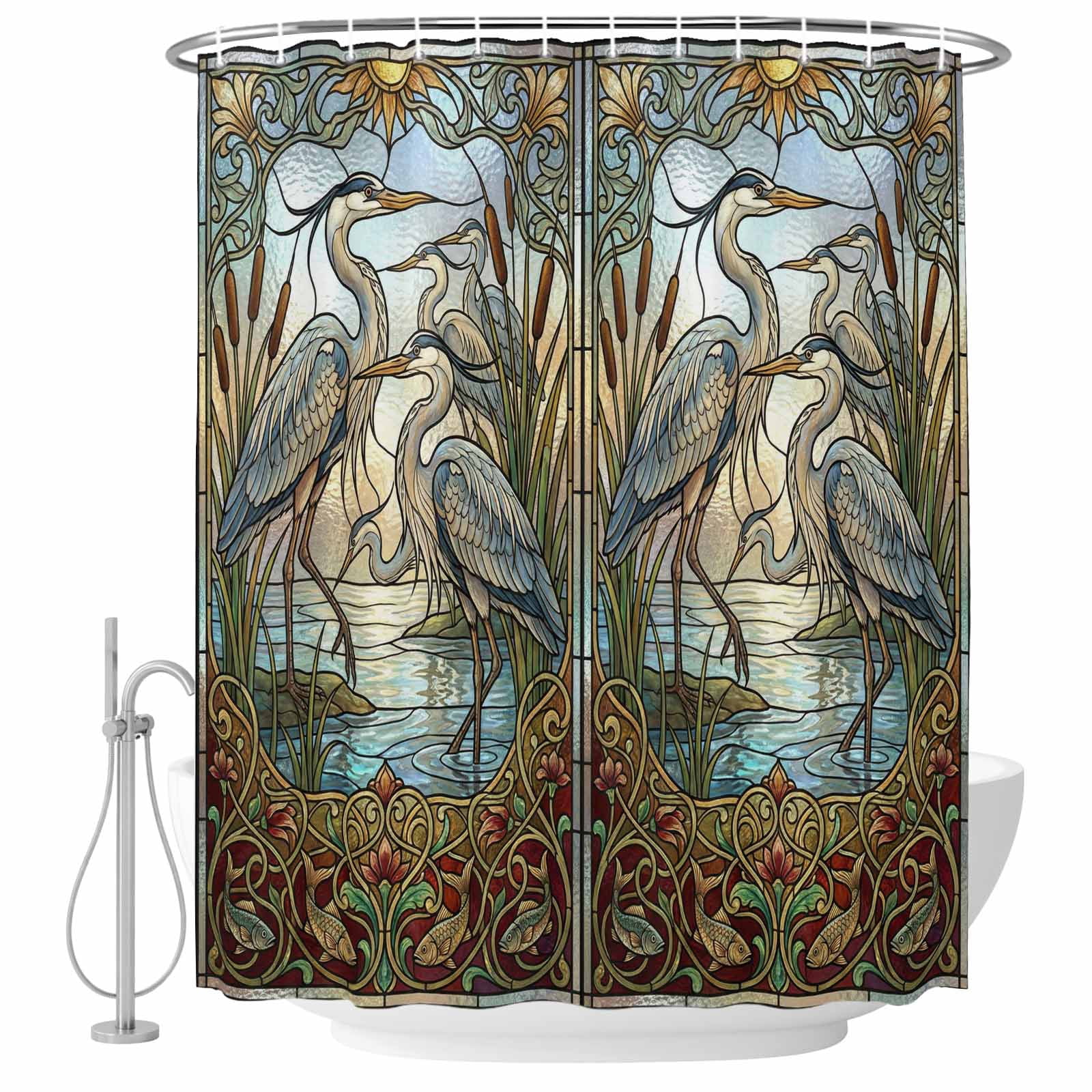 Blue Heron Shower Curtain for Bathroom, Retro Reeds Sunlight Birds ...