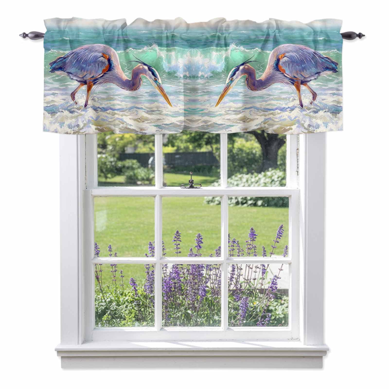 Blue Heron Valances for Windows, Coastal Ocean Waves Bird Water Splash ...