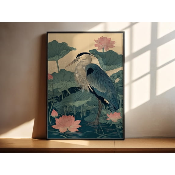Blue Heron Wall Art, Japanese Woodblock Poster, Flower Bird Print ...
