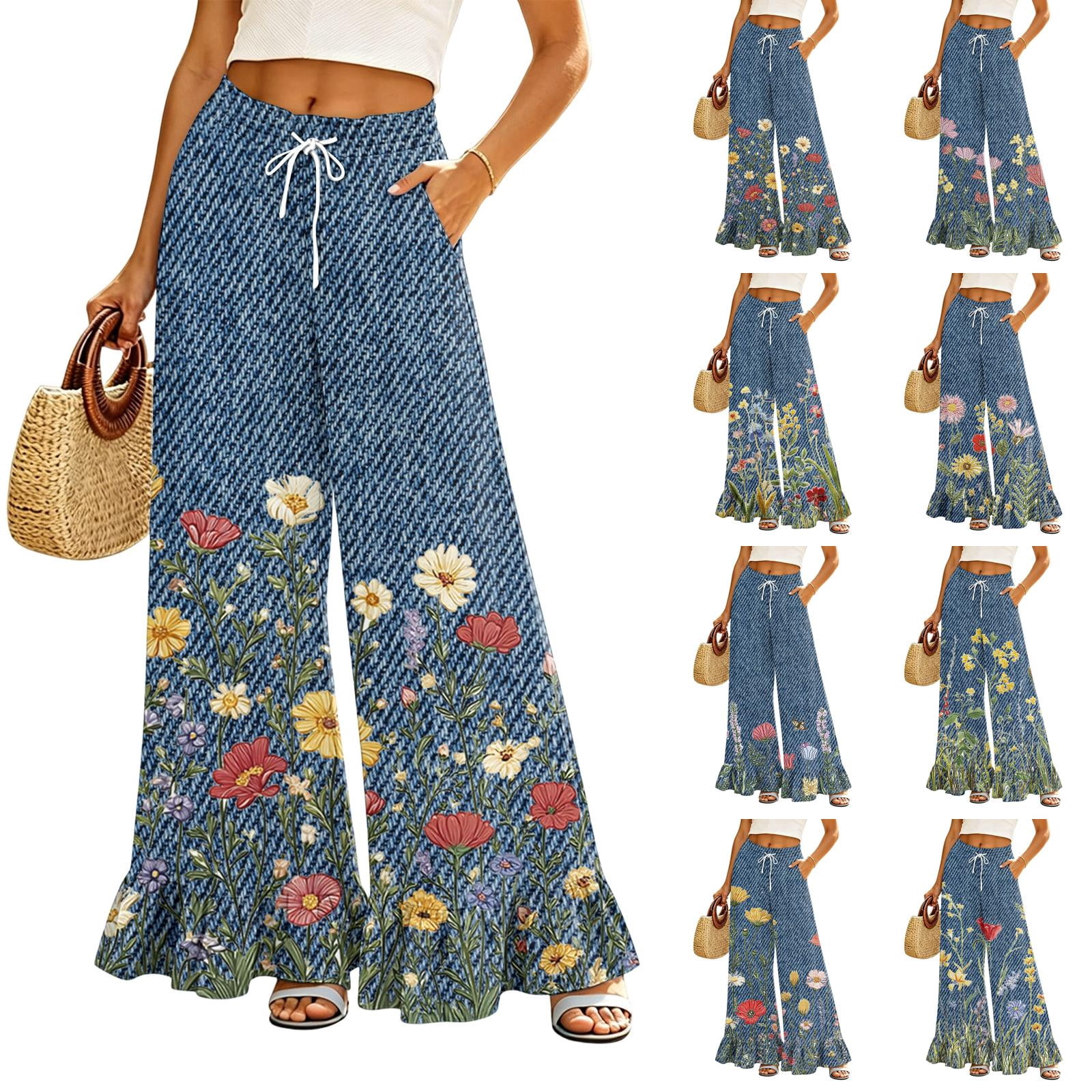 Blue Herringbone Floral Palazzo Pants for Women, High Waist Drawstring ...