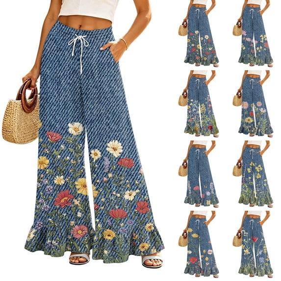 Blue Herringbone Floral Palazzo Pants for Women, High Waist Drawstring ...