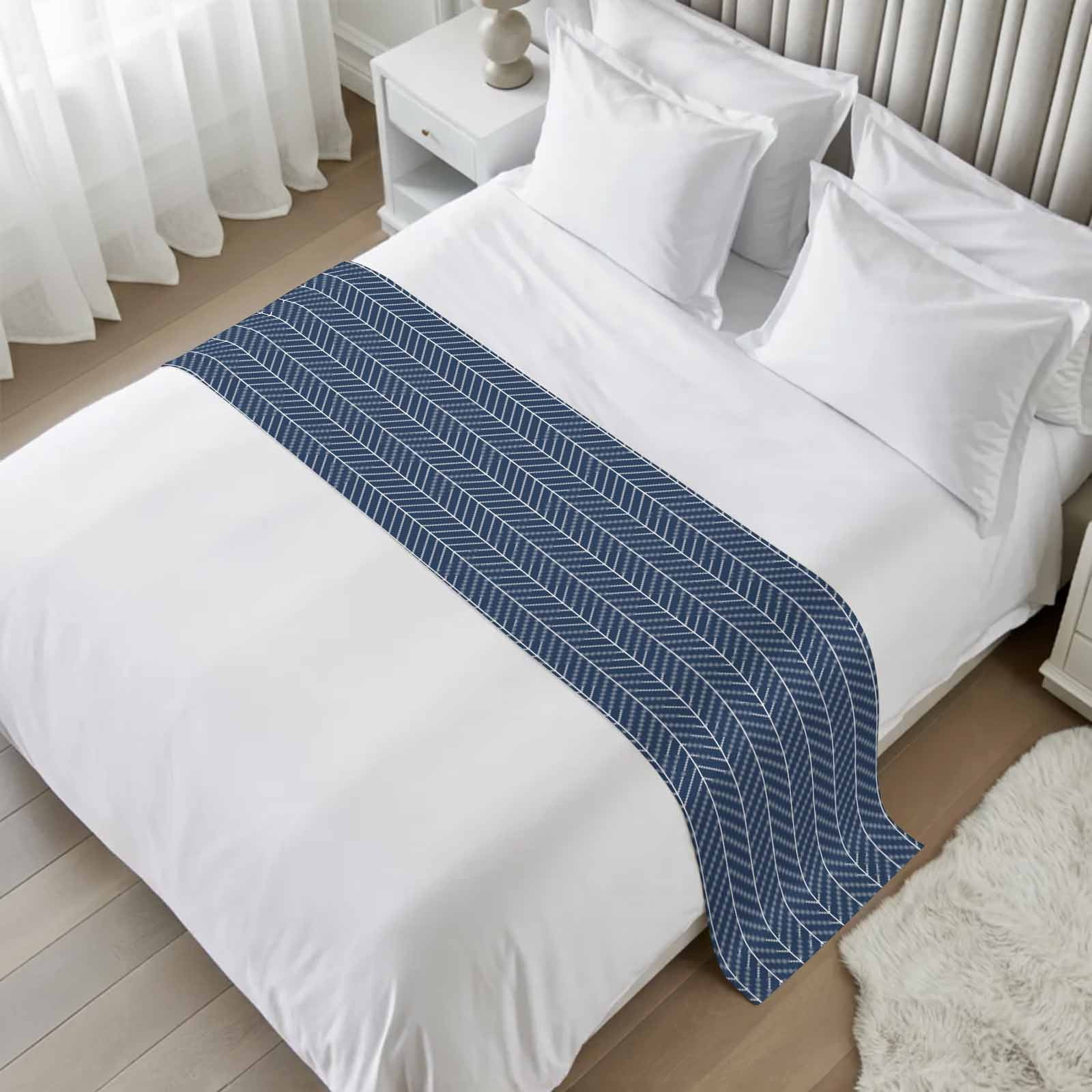 Blue Herringbone Stripes Bed Runner Scarf, Modern Abstract Geometric ...
