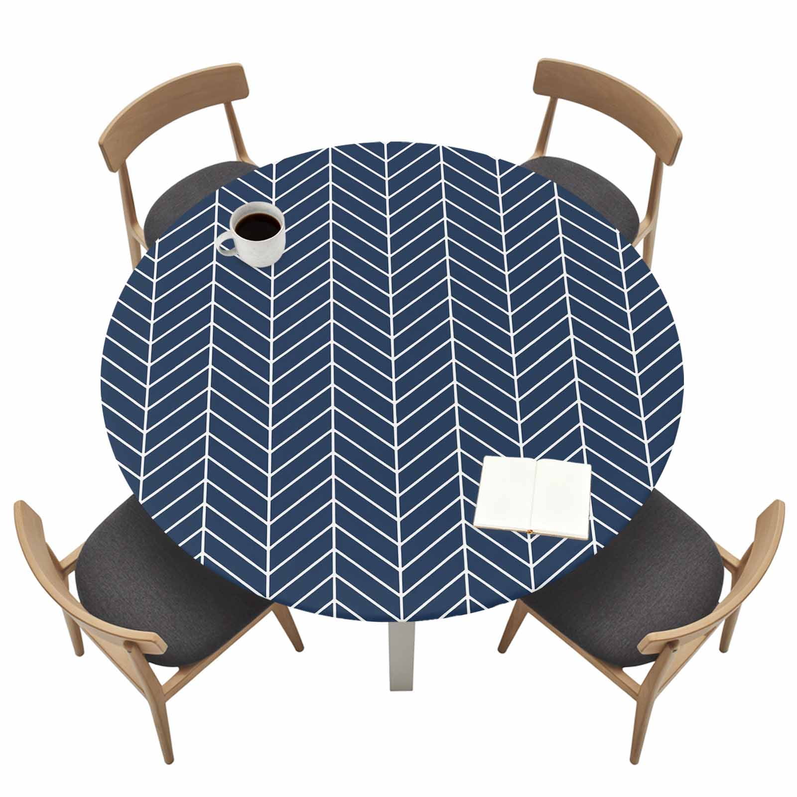 Blue Herringbone Stripes Round Fitted Tablecloth with Elastic Edge ...