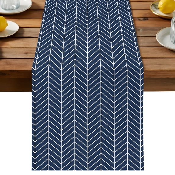 Blue Herringbone Stripes Table Runner, Modern Abstract Geometric Navy ...