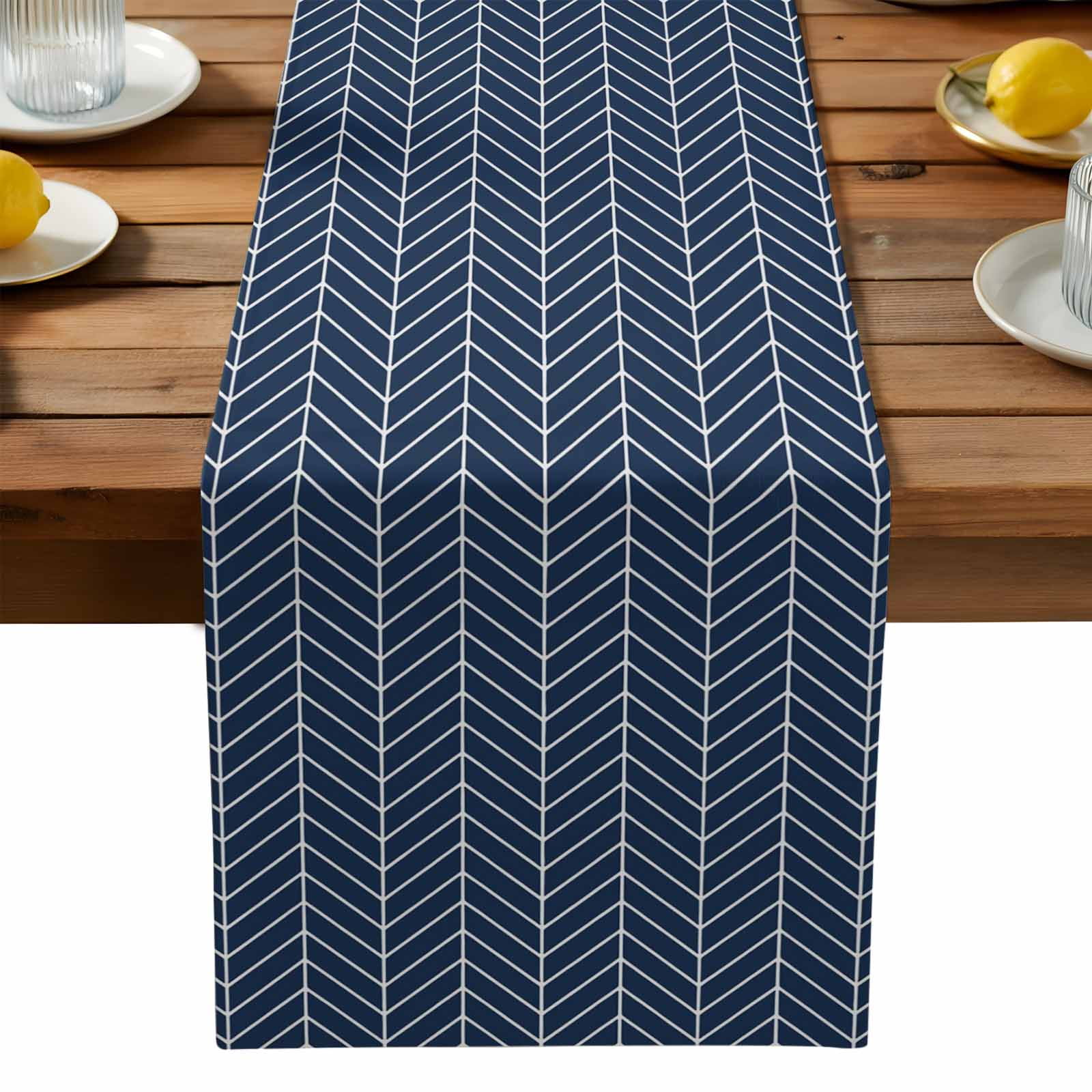 Blue Herringbone Stripes Table Runner, Modern Abstract Geometric Navy ...