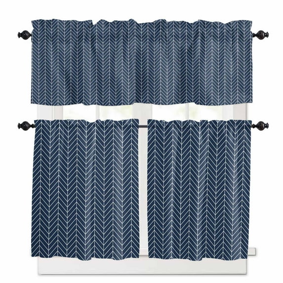 Blue Herringbone Stripes Window Curtains Valance Set of 3 Modern ...