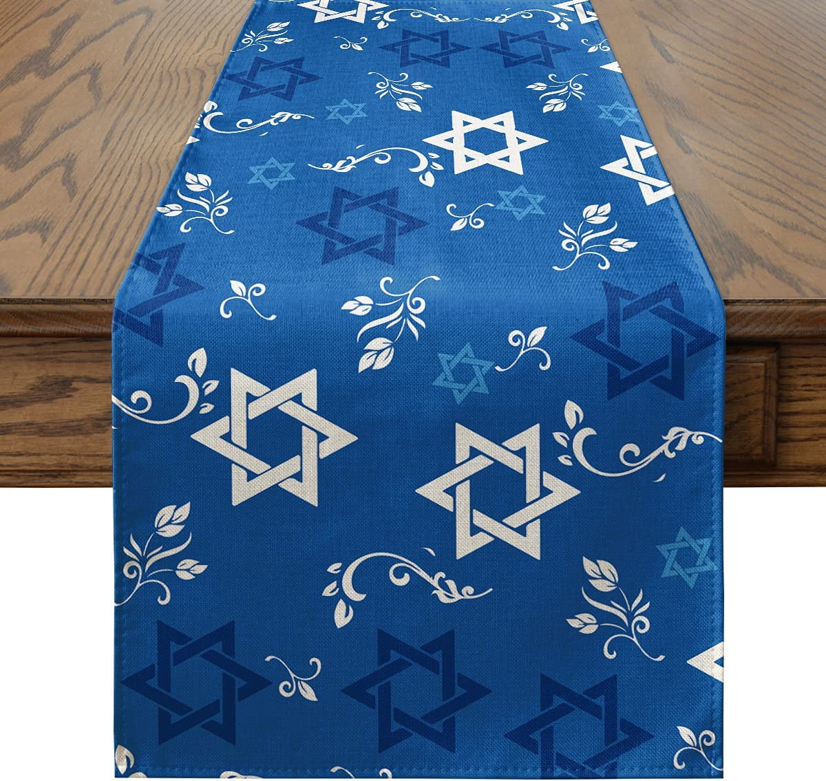 Blue Hexagram Passover Linen Table Runner Jewish Menorah Hanukkah ...