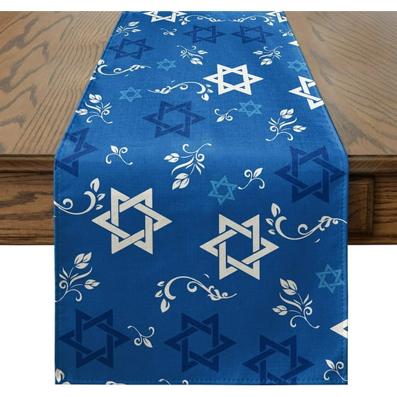 Blue Hexagram Passover Linen Table Runner Jewish Menorah Hanukkah ...