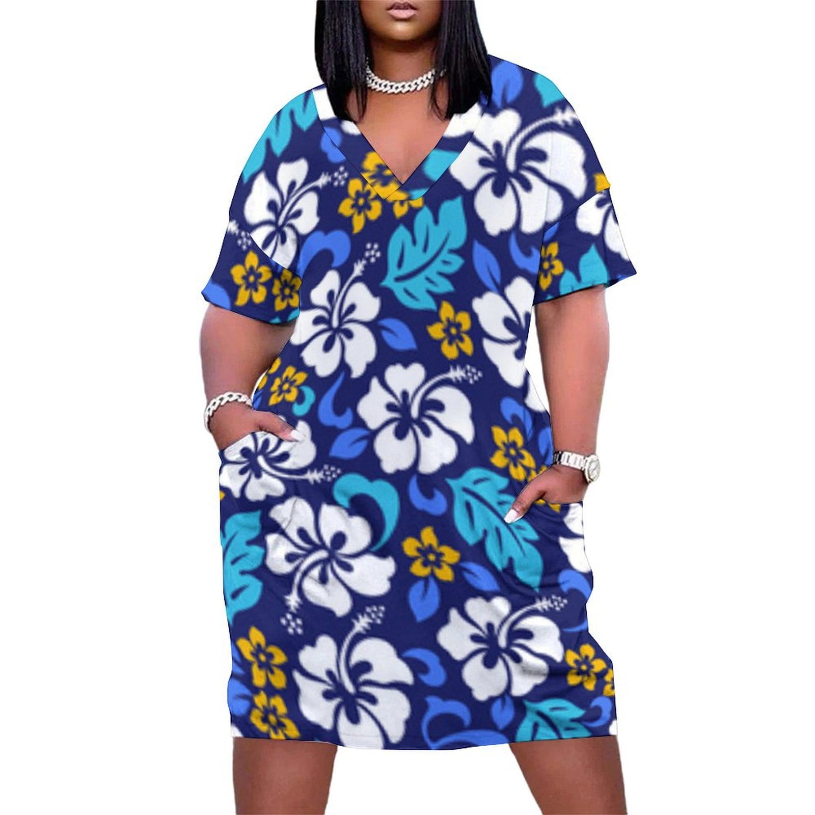 Blue Hibiscus Floral Tropical Pattern Women's Summer Short Sleeve ...