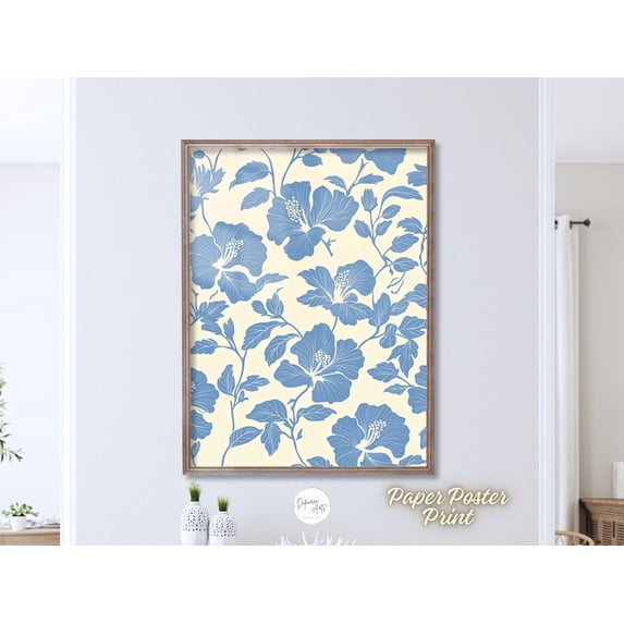 Blue Hibiscus Flowers Boho Minimalist Blue White Floral Poster Print ...