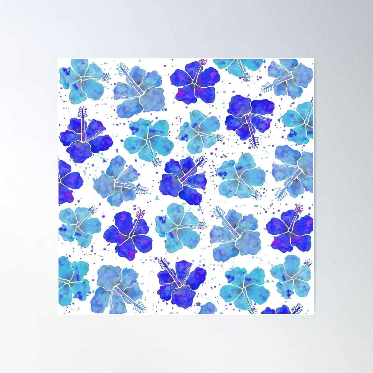 Blue Hibiscus Pattern Poster Wall Art, Modern Wall Decor For Living ...