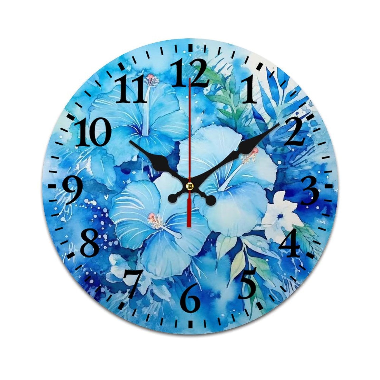 Blue Hibiscus Watercolor Wall Clock Modern Design Clocks Wall Hanging ...