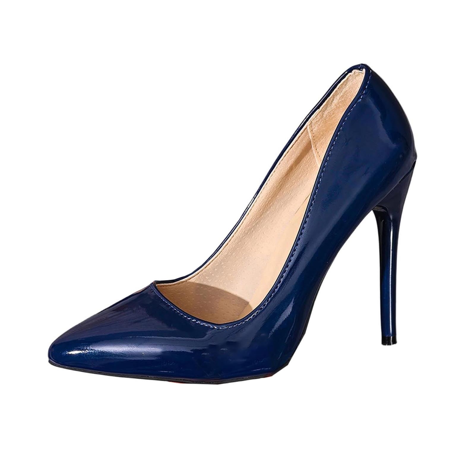 Blue High Heel Shoes For Women Enclosed Toe With Round Toe Patent ...