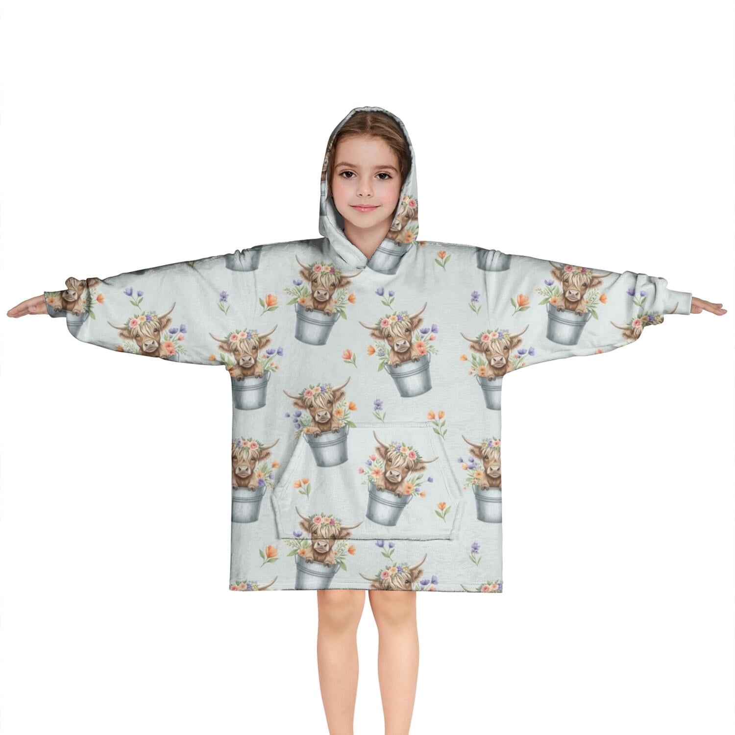 Blue Highland Cow Bucket Flower Pattern Blanket Hoodies for Kids 6-13YR ...