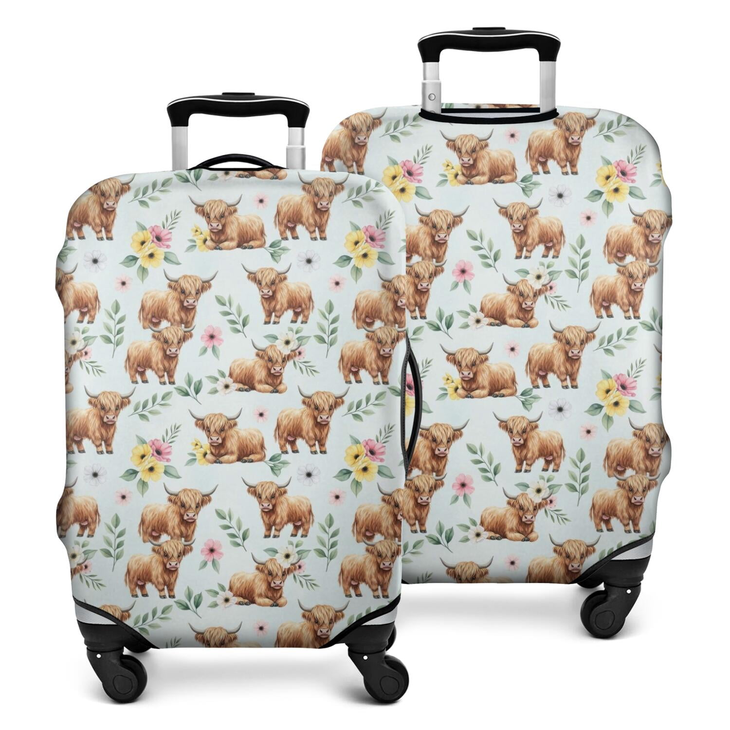 Blue Highland Cow Flower Leaf Pattern Luggage Cover Fashion Suitcase ...