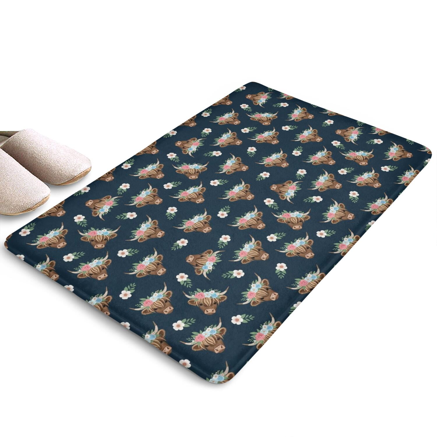 Blue Highland Cow Flower Pattern Flannel Non Slip Door Rugs,Washable ...