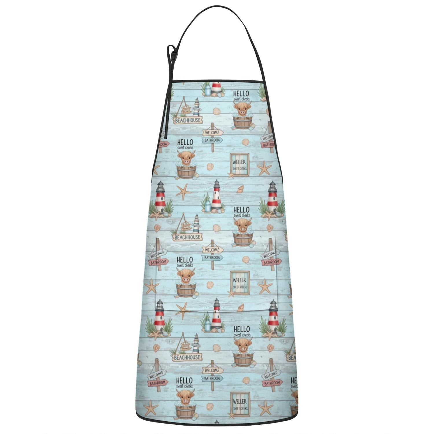 Blue Highland Cow Lighthouse Beach Pattern Apron-Garden Aprons for ...