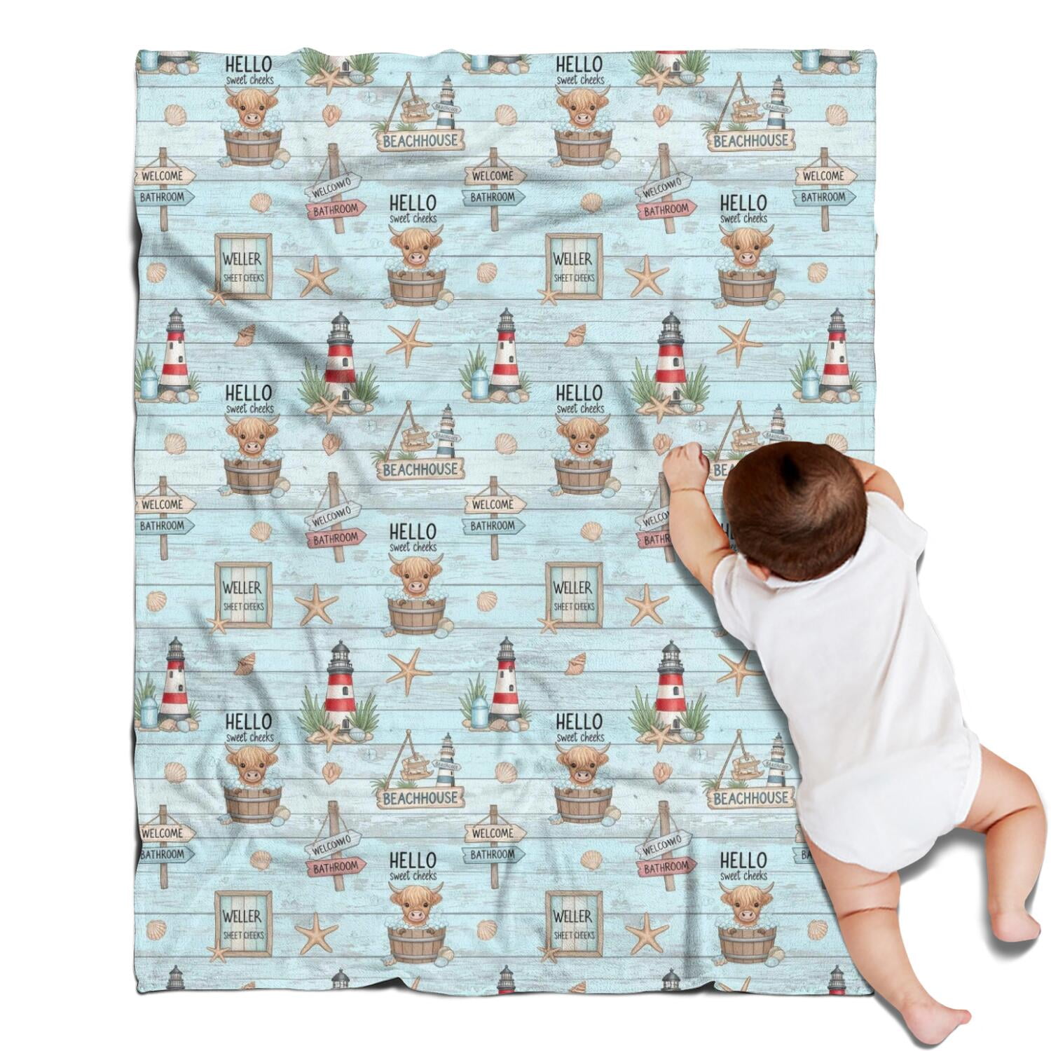 Blue Highland Cow Lighthouse Beach Pattern Blanket,Comfortable Soft ...