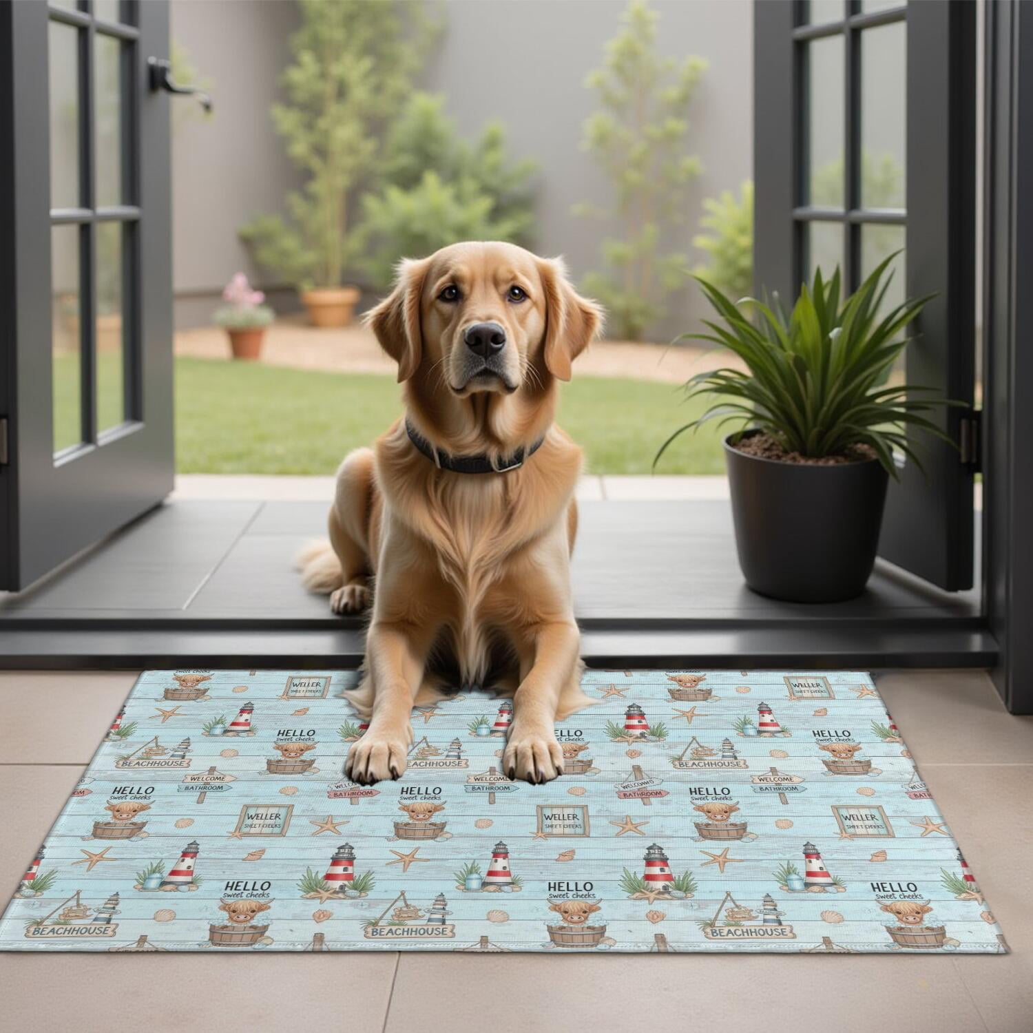 Blue Highland Cow Lighthouse Beach Pattern Door Rugs,Washable Non Slip ...