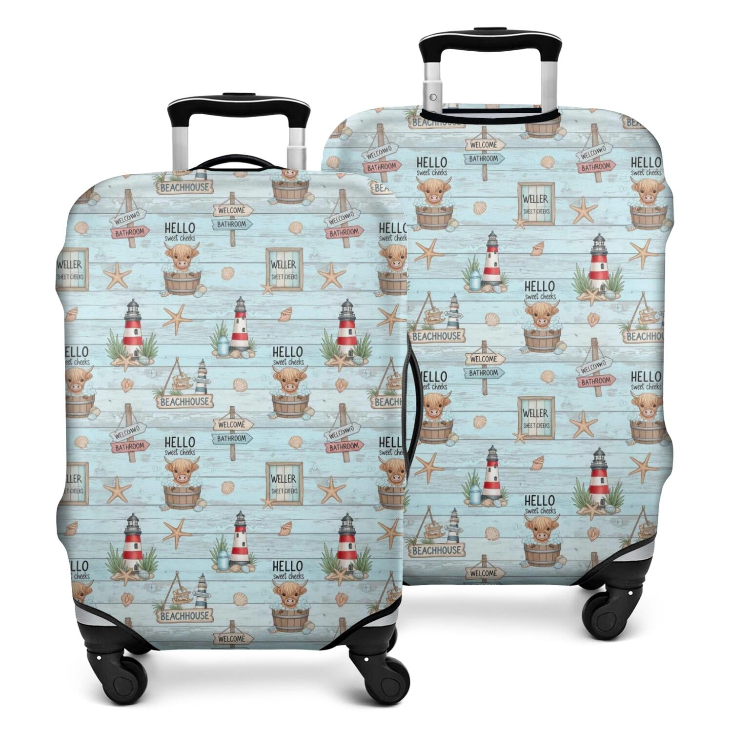 Blue Highland Cow Lighthouse Beach Pattern Luggage Cover Fashion ...