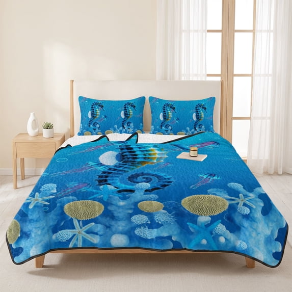 Blue Hippocampus Corals Seahorse Shells 3 Pieces Quilt Set,1 Quilt with ...