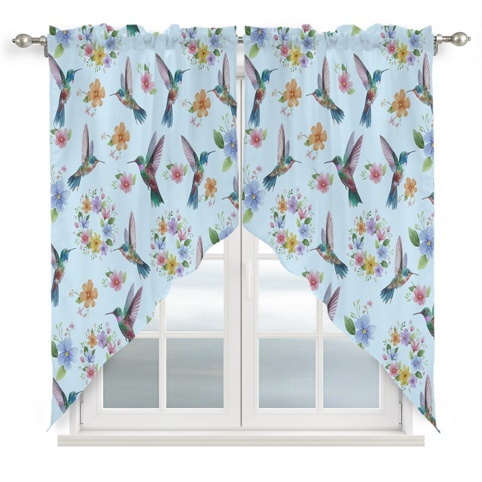 Blue Honeybirds Flower Wreath Swag Curtain Valance for Window 2 Panels ...