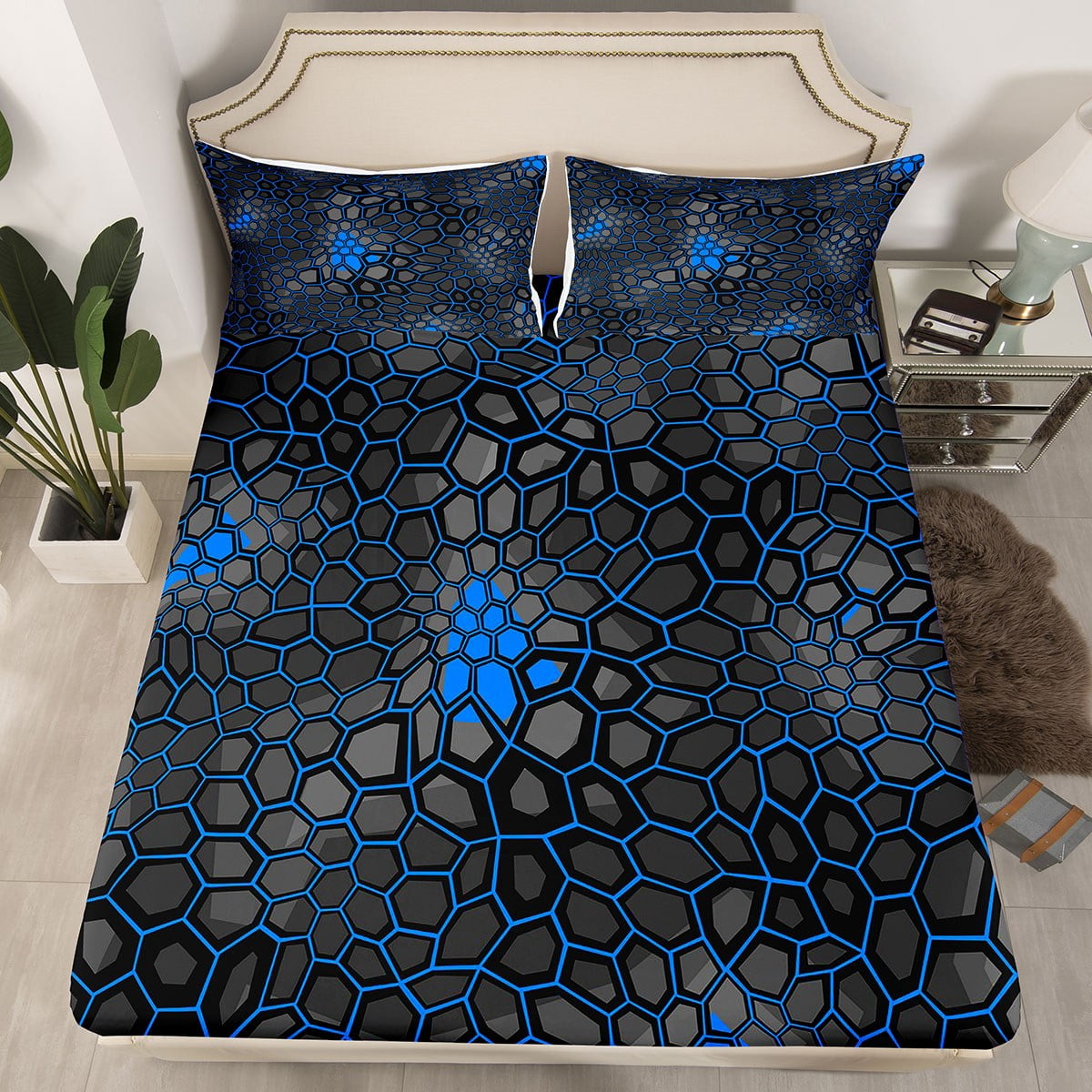 Blue Honeycomb Fitted Sheet Black Camouflage Geometric Bed Sheets Twin ...