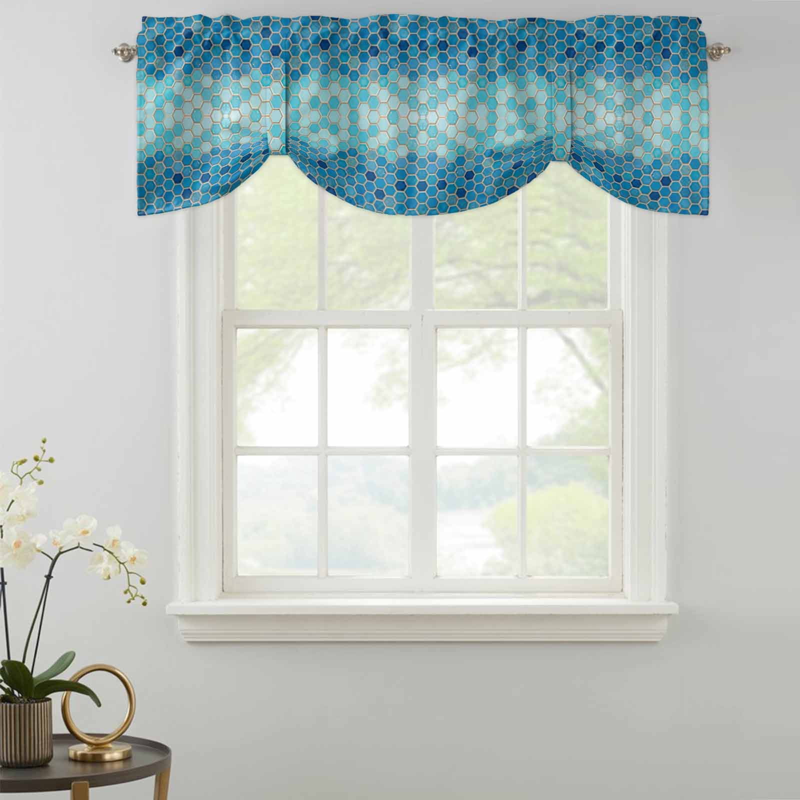 Blue Honeycomb Plaid Tie Up Valances Curtain, Modern Abstract Geometric ...