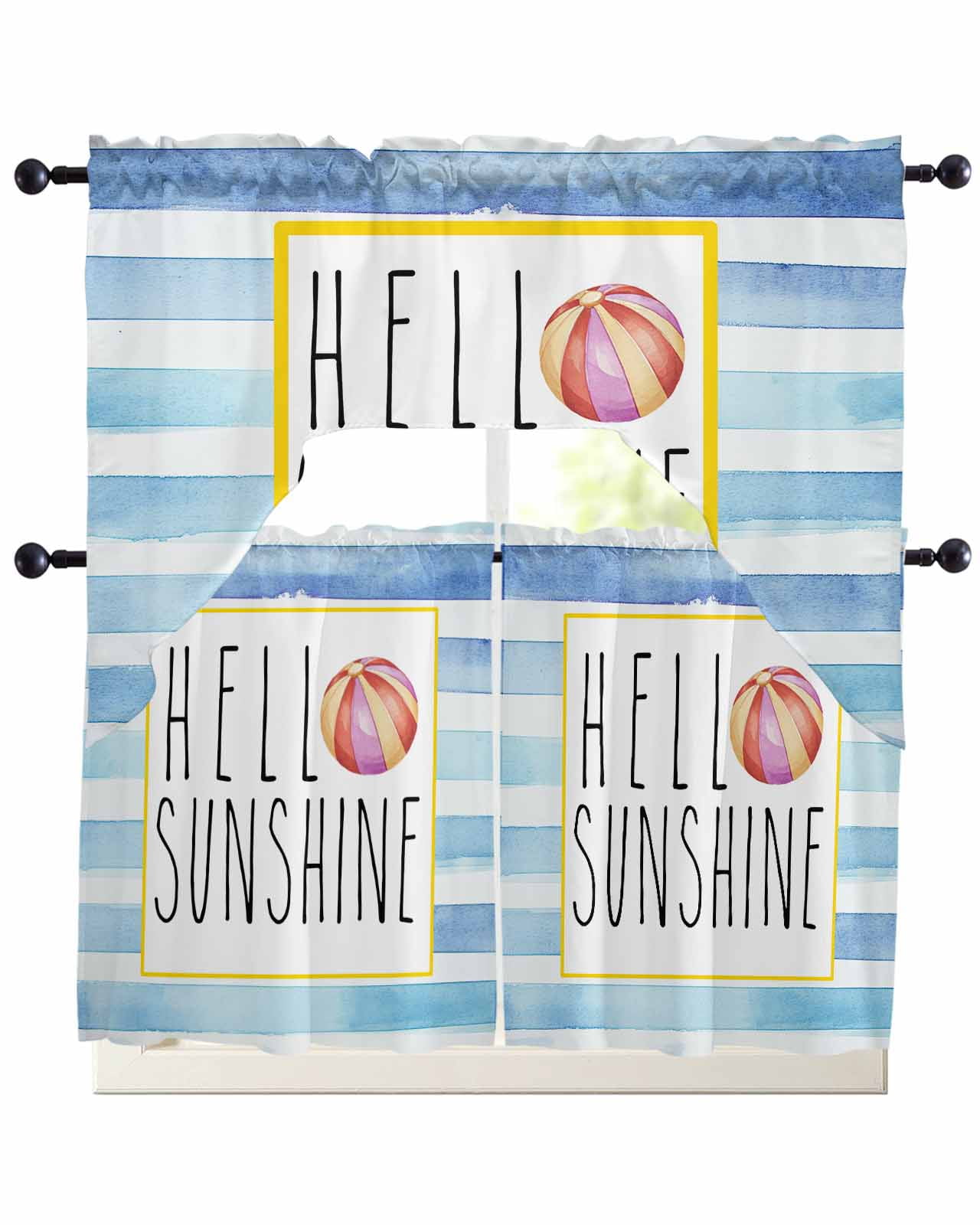 Blue Horizontal Striped Kitchen Curtains Sets 36 Inch Length with ...