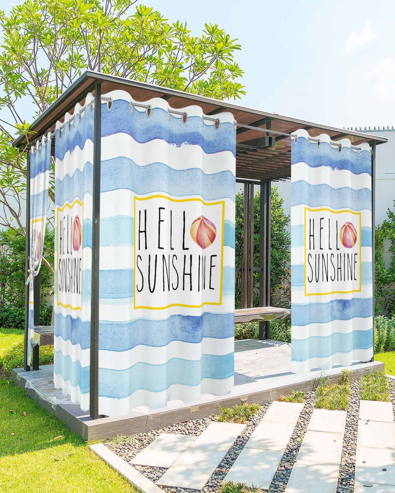 Blue Horizontal Striped Outdoor Curtains for Patio, Summer Beach Ball ...