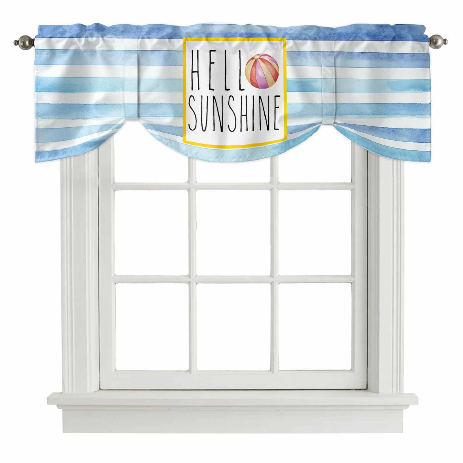 Blue Horizontal Striped Tie Up Valance Curtains for Windows, Kitchen ...