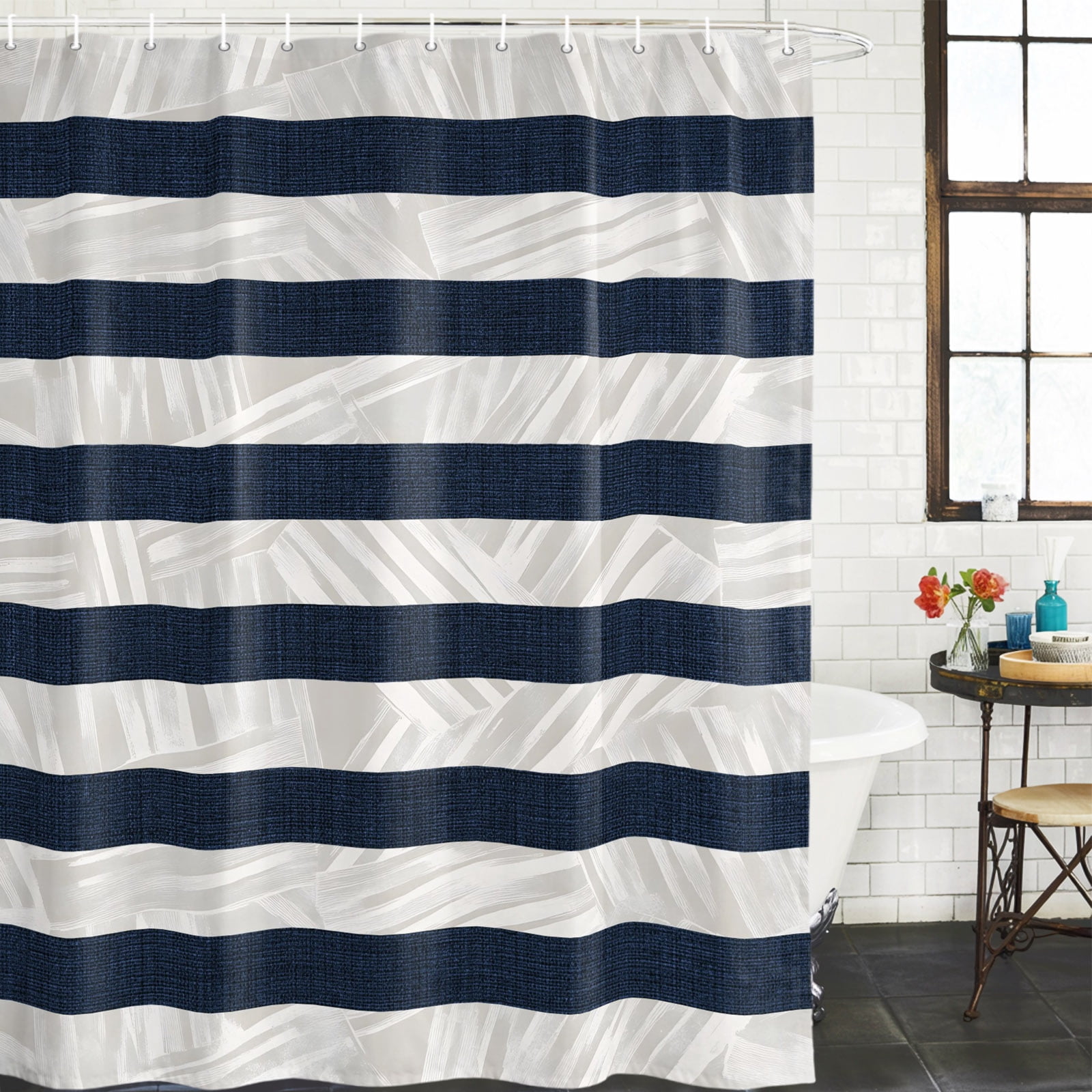 Blue Horizontal Stripes Shower Curtain, Minimalist White Slant Line ...