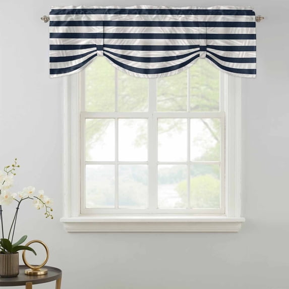 Blue Horizontal Stripes Tie Up Valances Curtain, Minimalist White Slant ...