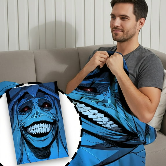Blue Horror Titan Face Flannel Blanket - Anime-Inspired Scary Giant ...
