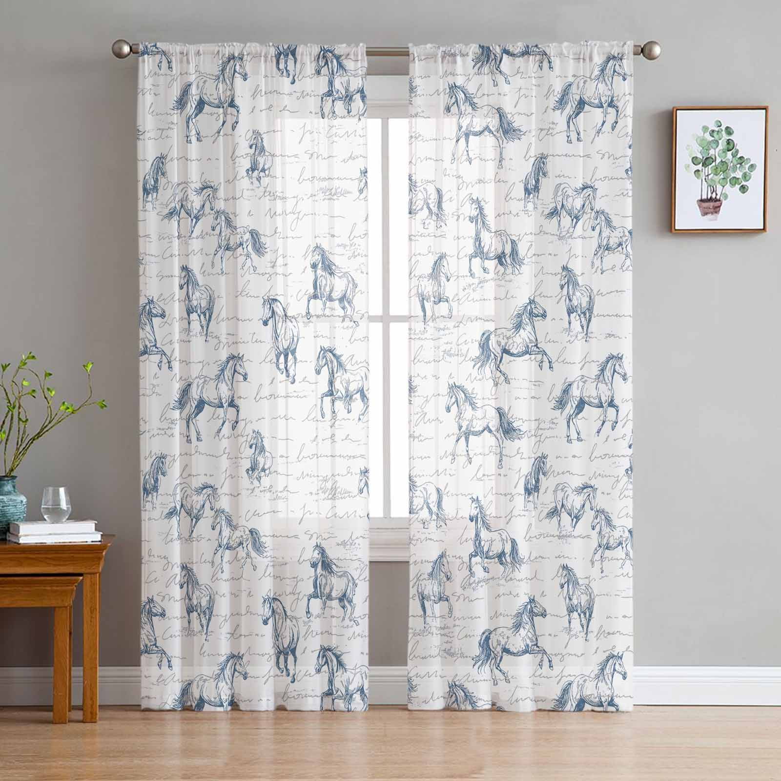 Blue Horse Sheer Curtains 96 Inch Length 2 Panels Set for Living Room ...