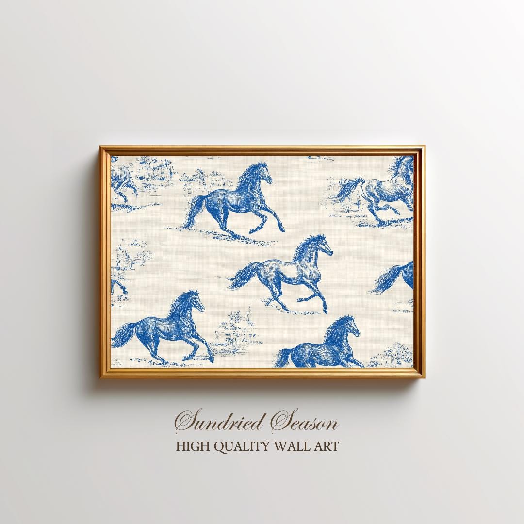 Blue Horse Toile Art Print, French Equestrian Wall Decor, Vintage ...
