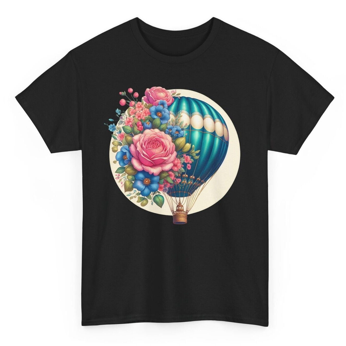 Blue Hot Air Balloon T-shirt - Artistic Novelty Flowers Graphic Tee ...