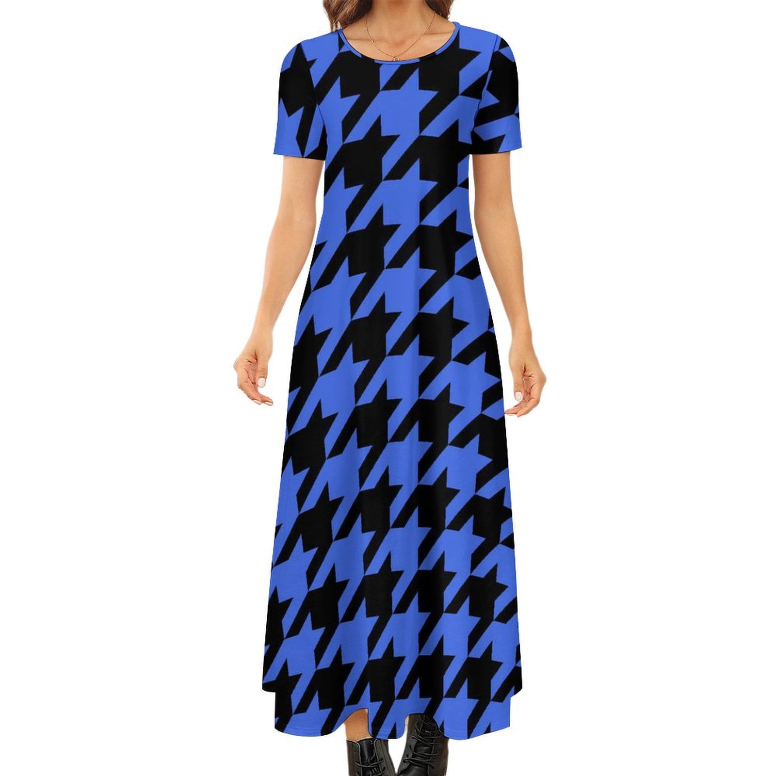 Blue Houndstooth Dress Vintage Print Streetwear Bohemia Long Dresses ...
