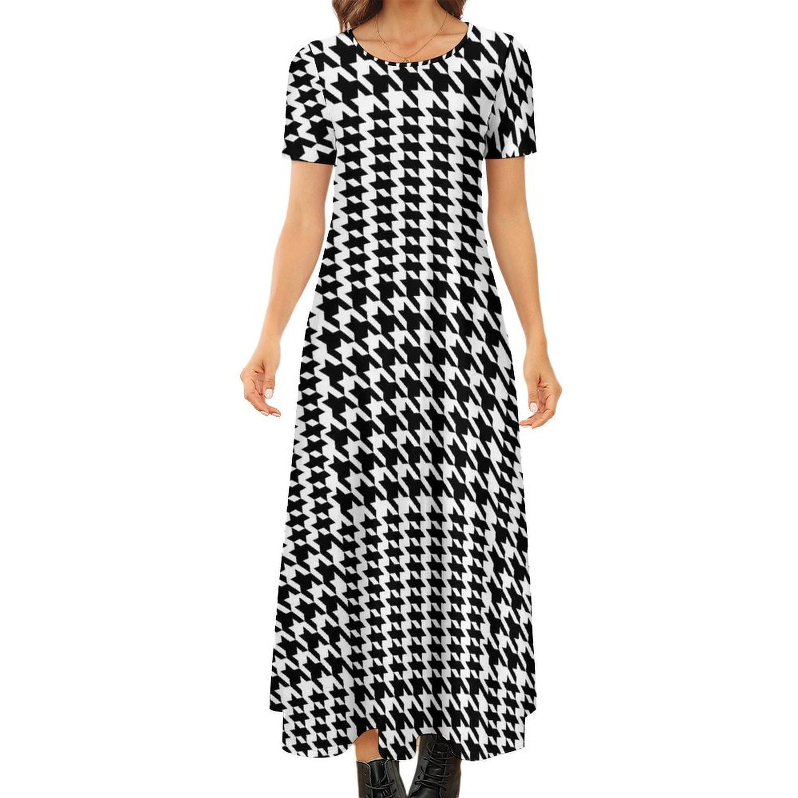 Blue Houndstooth Dress Vintage Print Streetwear Bohemia Long Dresses ...