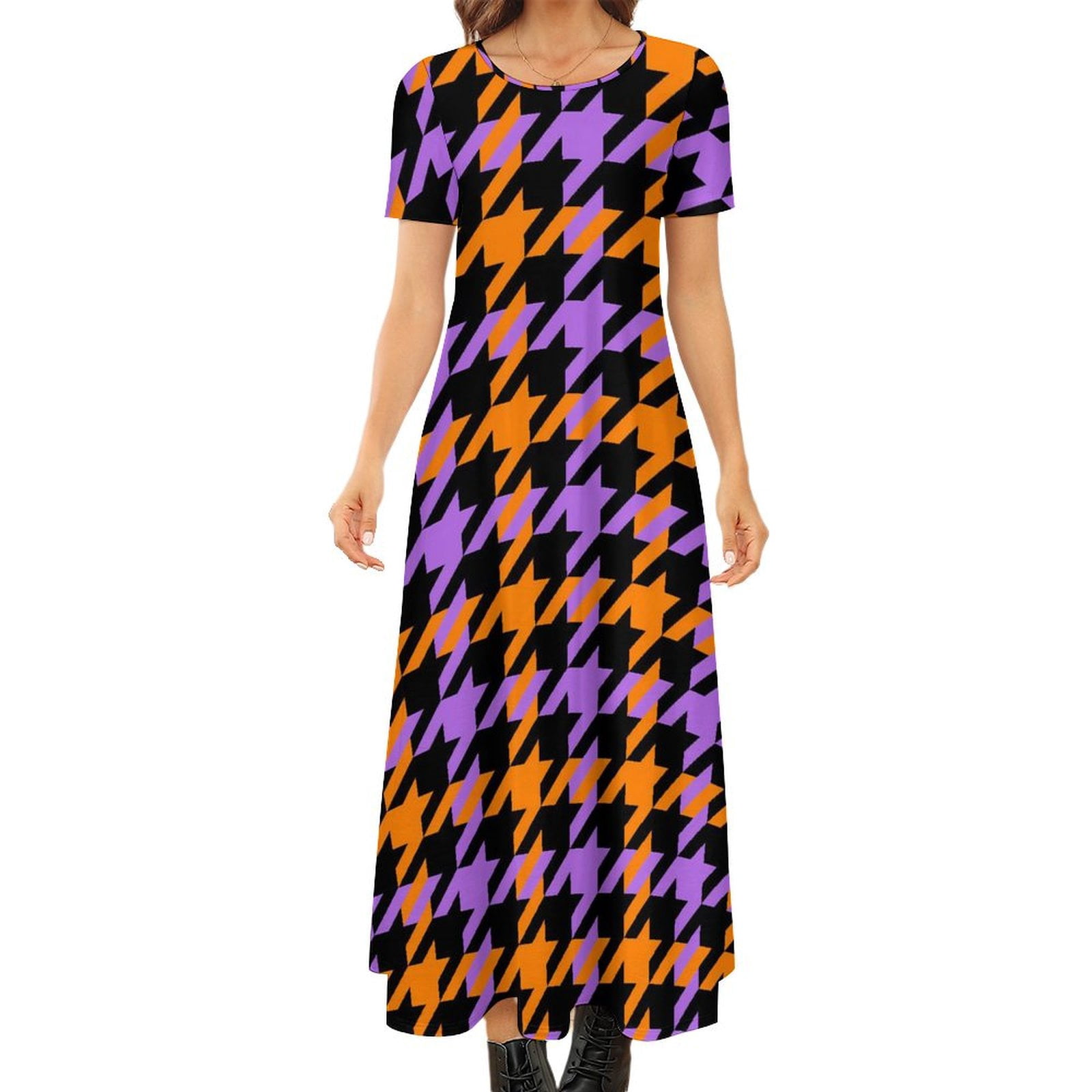 Blue Houndstooth Dress Vintage Print Streetwear Bohemia Long Dresses ...
