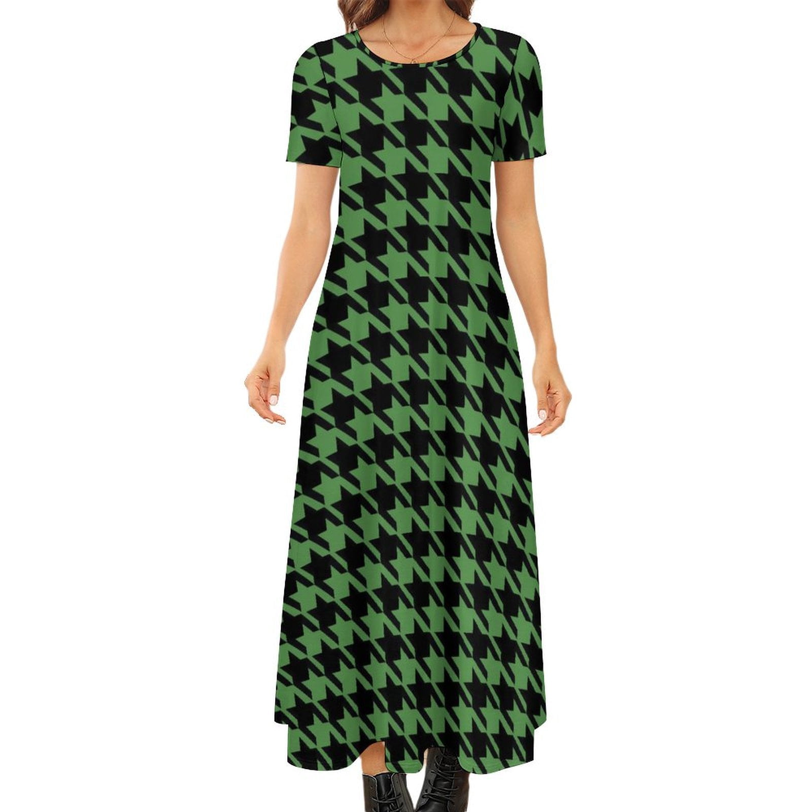 Blue Houndstooth Dress Vintage Print Streetwear Bohemia Long Dresses ...